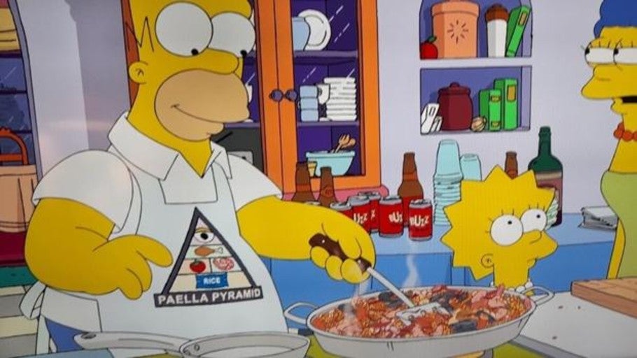Homer Simpson hace su versión de la paella valenciana, con chorizo y ...